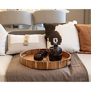 Full Solid Round Decorative Serving Tray | Farmhouse Style Acacia Wood Trays for Ottoman Coffee Table Bath Counter Organizer Tray | Kitchen Tray Platter Living Room Candle Decor | for All Occasion