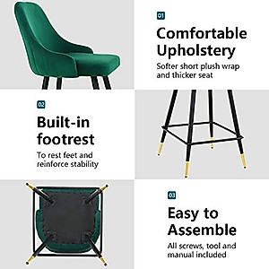 Velvet Counter Stools Set of 2 - Upholstery Barstools Bar Stools Counter Height Stools for Kitchen Island, Modern Bar Chairs Dining Chairs with Back and Arm, Pack of 2 Pieces (Green)