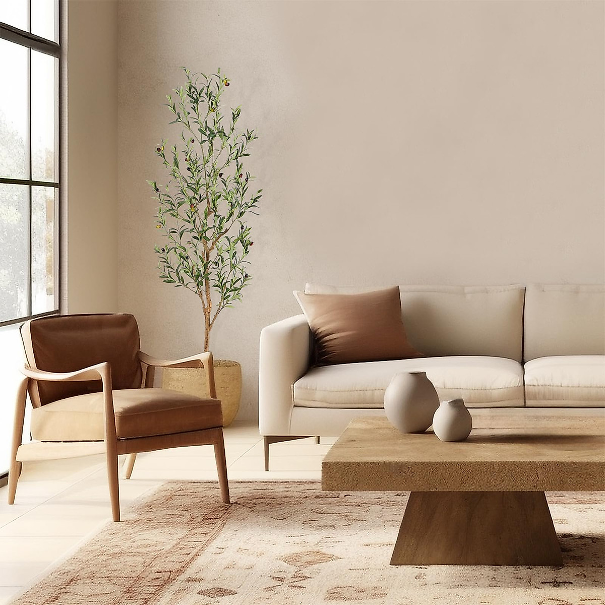 Bellacat Faux Olive Tree 6ft，Olive Trees Artificial Indoor with Natural Wood Trunk and Realistic Leaves and Fruits. 6 Feet(72in) Fake Olive Tree for Home House Office Décor.