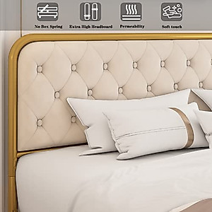 AIhomstyle Queen Size Bed Frame, Upholstered Queen Bed Frame with Velvet Tufted Headboard, Heavy Duty Metal Foundation, Bed Frame with Wood Slat Support, No Box Spring Needed, Noise-Free, Gold/Beige