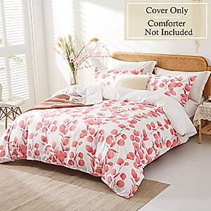 LAMEJOR Duvet Cover Set Queen Size White/Pink Leaves Floral Bedding Set Comforter Cover (1 Duvet Cover+2 Pillowcases)