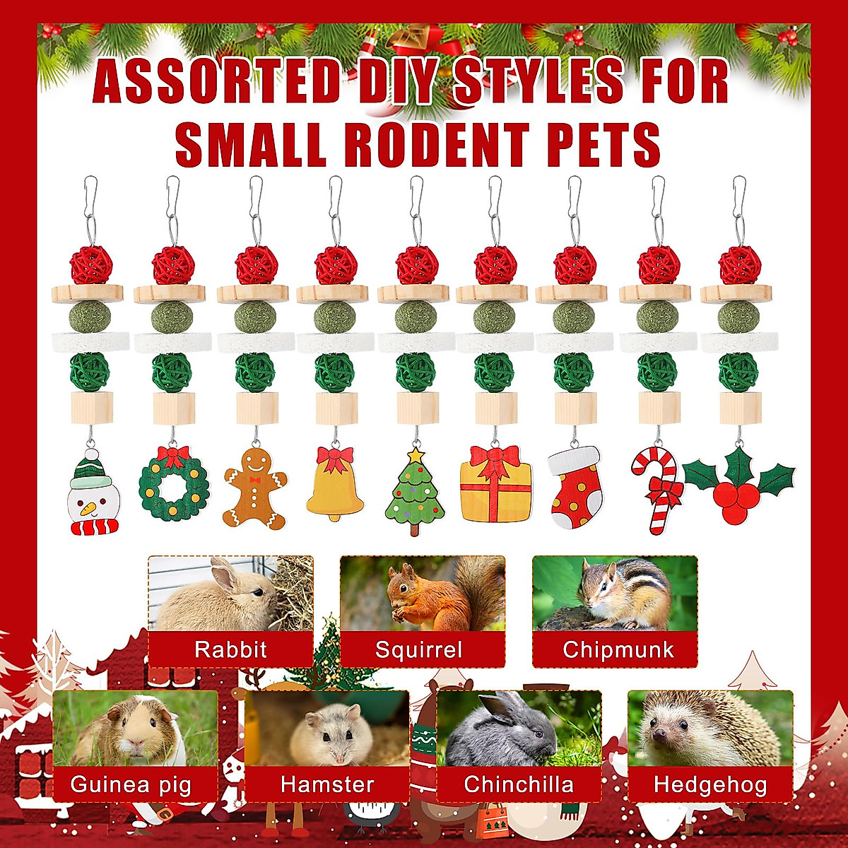 Shappy 9 Pcs Christmas Guinea Pig Toys Xmas Bunny Rabbit Hamster Chinchilla Hanging Toys for Teeth Grinding Natural Apple Wood Grass Treats Cage Chews for Small Pets Gifts