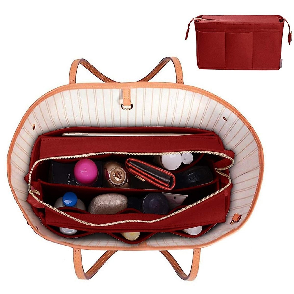 Purse Organizer Insert,Felt Bag Organizer with NEW Detachable Zipper cover, fits, St Lious, Tote and handbag shaper (Medium, Red)