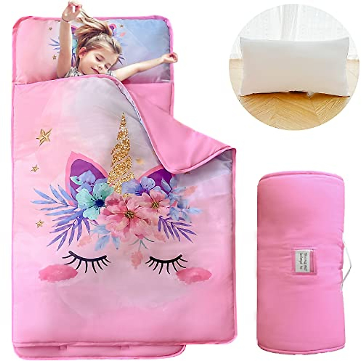 KINBEDY Pink Unicorn Toddler Nap Mat for Daycare Preschool Girls Floral Kids Sleeping Mat Pad Toddler Bedding Set Portable Baby Sleeping Bag with Pillow and Blanket for Travel Camping Outdoor