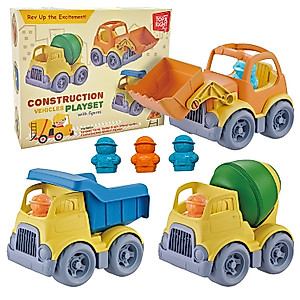 Top Right Toys Construction Trucks Toy Set for Toddler Boys - 3 Piece Small Toy Car Vehicles with Dump Truck, Excavator Tractor, and Cement Mixer Truck
