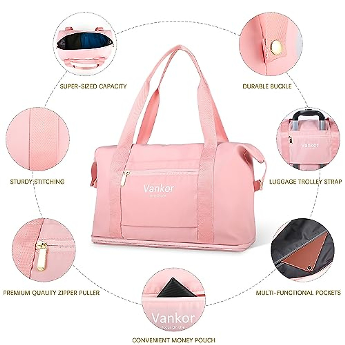 Travel Duffle Bag, Sports Tote Gym Bag, Weekender Bag, Expandable Waterproof Carry on Bag with Trolley Sleeve Wet Pocket Overnight Bags for Women - Pink