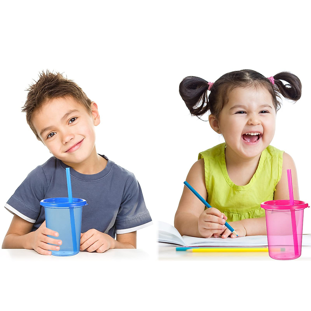 Sawysine 12 Pieces Kids Cups with Straws and Lids, Tumbler Cups Bulk Plastic Cups for Toddlers Reusable Spill Proof Christmas Cups for Kids with Colored Alphabet Stickers