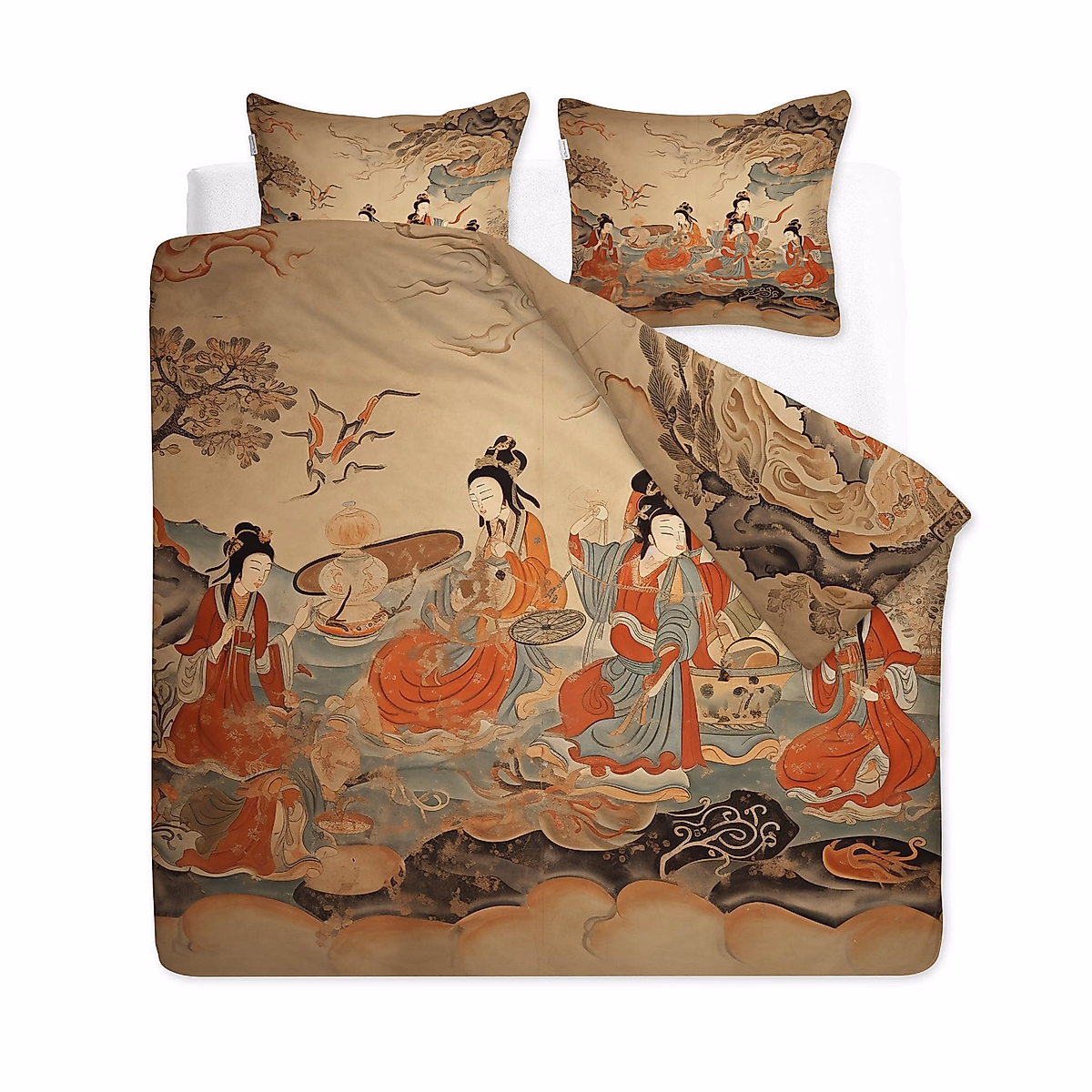 CLOXKS Chinese Duvet Cover King Size, Chinese Style Bedding Set 3-Piece Bedroom Decor Set, Soft Microfiber Patterned Comforter Cover with Zipper Ties and 2 Pillowcases