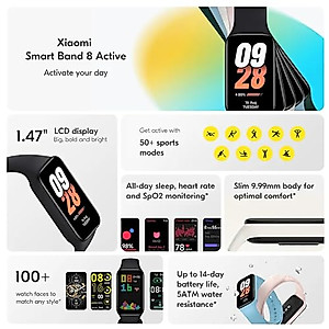 Xiaomi Smart Band 8 Active Fitness Tracker & Activity Tracker with 1.47" LCD Display, 14-Day Battery Life, Blood Oxygen, Heart Rate, Sleep & Stress Monitoring, Fitness Watch for Men Women, Black
