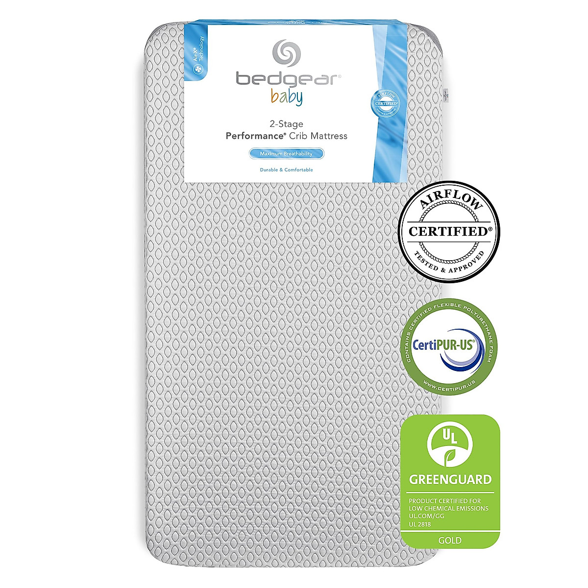 Bedgear Baby Hypoallergenic Air-X 2-Stage Infant and Toddler Breathable Crib Mattress – CertiPUR-US Certified and Airflow Certified with a Waterproof Removable and Machine Washable Cover