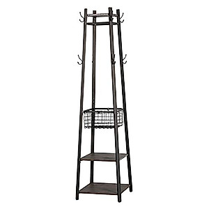 VECELO Coat Rack Freestanding, Entryway Clothes Stand with Metal Basket and 2 Shelves, Upgrade Hall Trees with 8 Dual Hooks for Bags, Hats, and Umbrellas, Industrial Styles, Vintage Brown+ Black