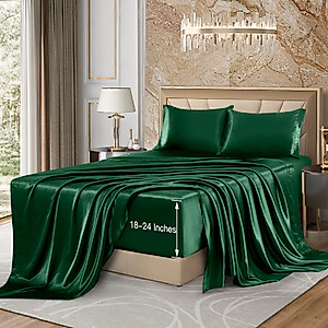 VACVELT 4pcs Extra Deep Pocket Satin Sheets Full Size Bed Set, Blackish Green Satin Sheet Set Fit 18-24 Inch Deep Pocket Mattress, Silky & Luxury Satin Bedding Set Soft & Ultra Deep Fitted Sheet Set