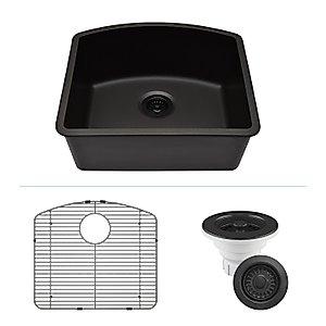 23" x 21" Quartz Kitchen Sink,D-Shaped, Single Bowl Kitchen Sinks, Drop in Kitchen Sink, Granite Composite Kitchen Sink, Undermount Sink, Galaxy black kitchen sinks, with Grid, Strainer, LP-2321D-K