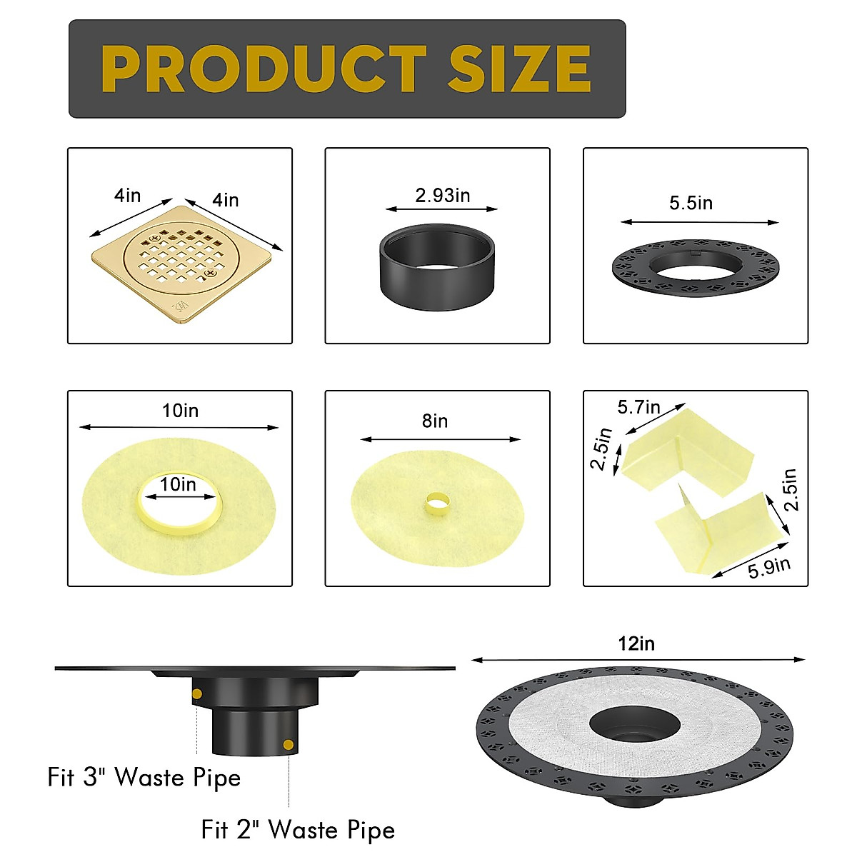 4” Drain Grate Kit - Compatible with Schluter Kerdi Shower Drain - Square Shower Floor Drain Kit with Flange - SUS 304 Stainless Steel Grate & 2 Inch ABS Flange & CUPC Certification - Brushed Brass