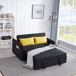BSYEIO Pull Out Sofa Bed, Twin Sleeper Sofa Couch, Loveseat Sofa Bed, Futon Sofa Couch, Love Seat Lounge Sofa with Reclining Backrest, Toss Pillows, Pockets, Convertible Sleeper Sofa Bed-Black