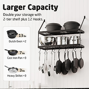 KES 30-Inch Pot Rack 2 Tier Pan Rack for Kitchen Wall Mounted Pot Organizer with 12 S-Hooks Heavy-Duty Matte Black, KUR218S75B-BK
