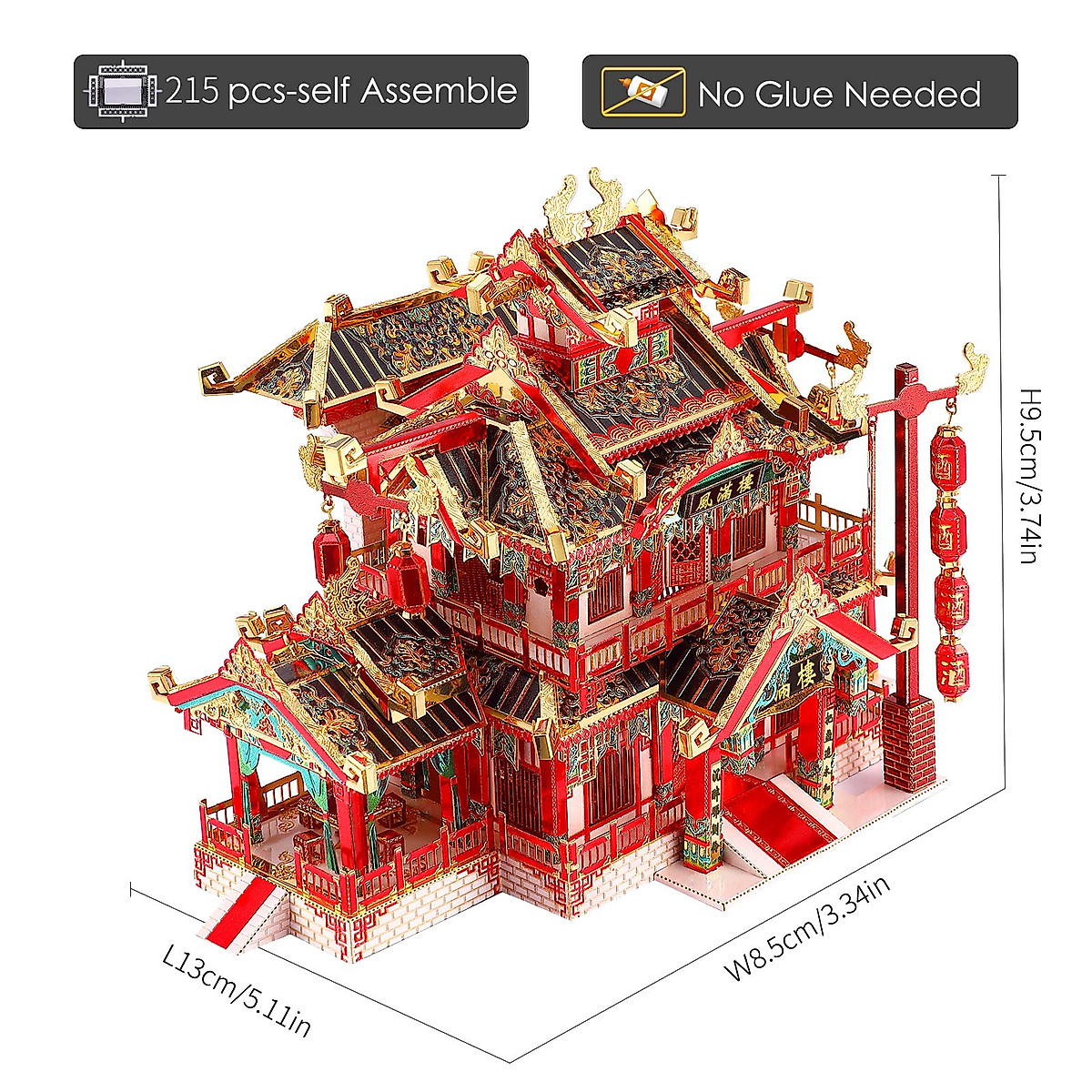 Piececool 3D Puzzles for Adults Metal Model Kits, Chinese Ancient Reataurant 3D Metal Puzzle, Traditional Architecture Building Puzzle DIY Toys, Great Gift Idea-215 Pcs