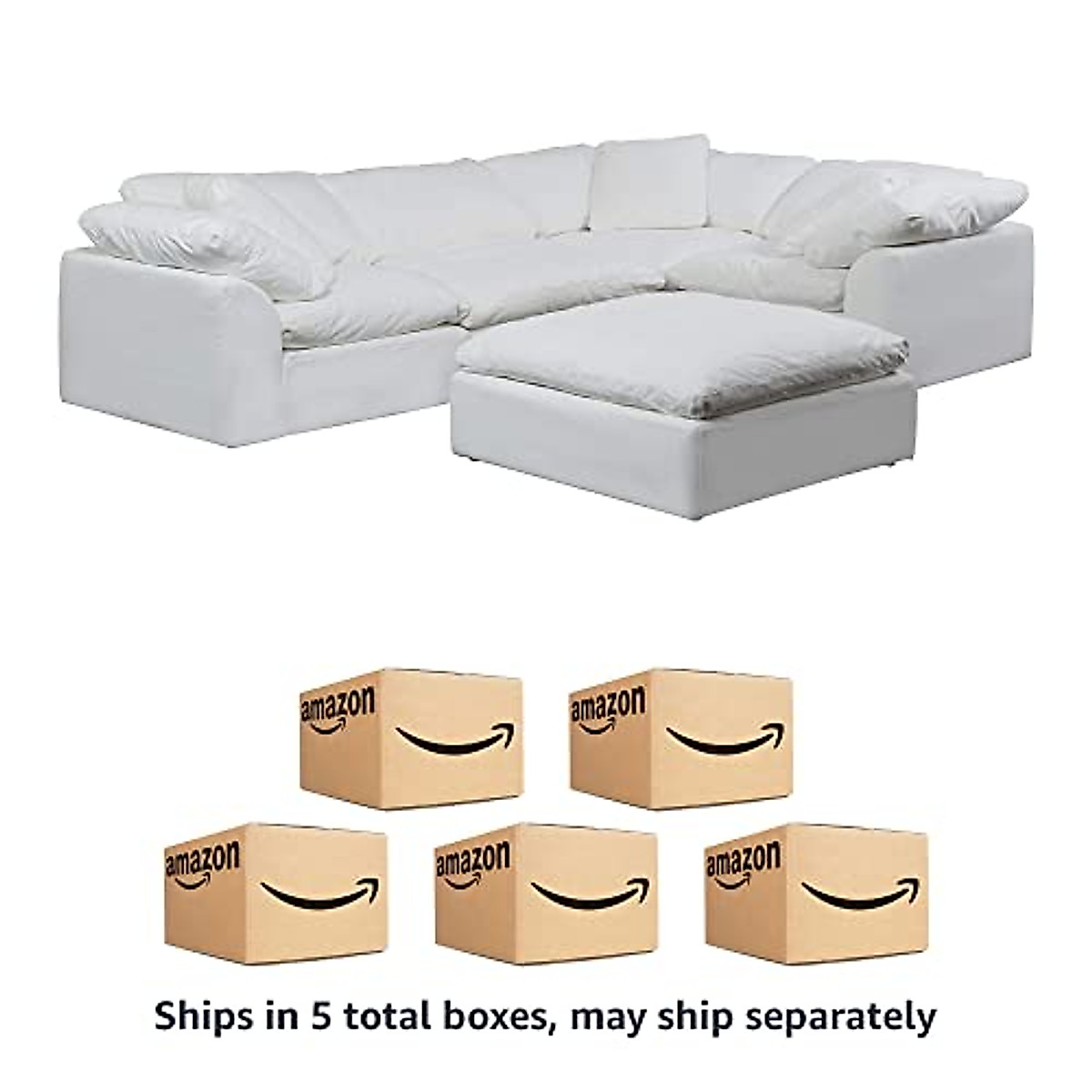 Sunset Trading Contemporary Puff Collection 5PC Performance Fabric Washable Water-Resistant Stain-Proof White Slipcovered Modular L-Shaped Sectional Sofa with Ottoman, Deep-Seat Down-Fill Couch
