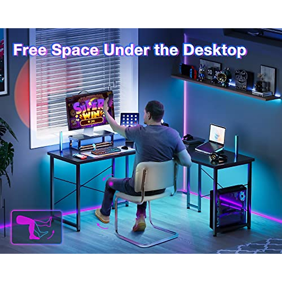 ODK L Shaped Gaming Desk, 51 Inch Computer Desk with Monitor Stand, PC Gaming Desk, Corner Desk Table for Home Office Sturdy Writing Workstation, Carbon Fiber Surface, Black