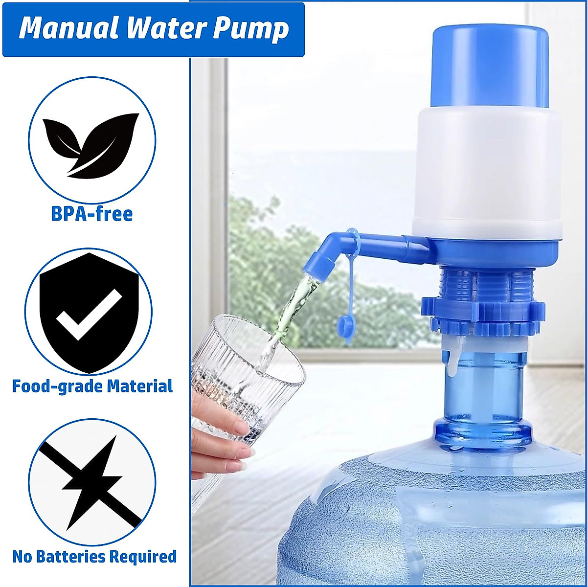 Blue Portable Manual Water Pump for 5 Gallon Bottle, Water Jug Dispenser Bottle Pump Drinking Water Pump with an Extra Short Tube and Cap, Hand Press Water Cooler Dispenser for 2-6 Gallon