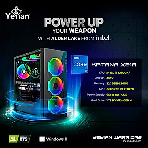 YEYIAN Katana X21A Gaming PC Computer, Intel 12th Gen Alder Lake i7-12700KF 12-Core 3.6GHz, GeForce RTX 3070 8GB GDDR6, 1TB NVMe Gen 4 SSD, 32GB DDR4 3600MHz, 120mm AIO, WiFi 6, BT 5.2, 650W 80+ Gold