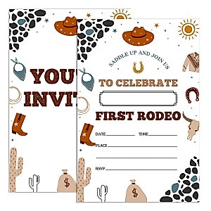 UDNADKEX First Cowboy Birthday Invitations with Envelopes, Invites for 1st Birthday Party Country Western, Wild West Birthday Party Invitations Cards, First Rodeo, 4"x6" Set of 20