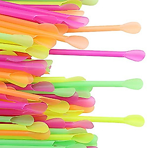 DEEBF 500 Pack Sno-Cone Spoon Straws, Mixed Neon Colors Disposable Plastic Straw, 8"