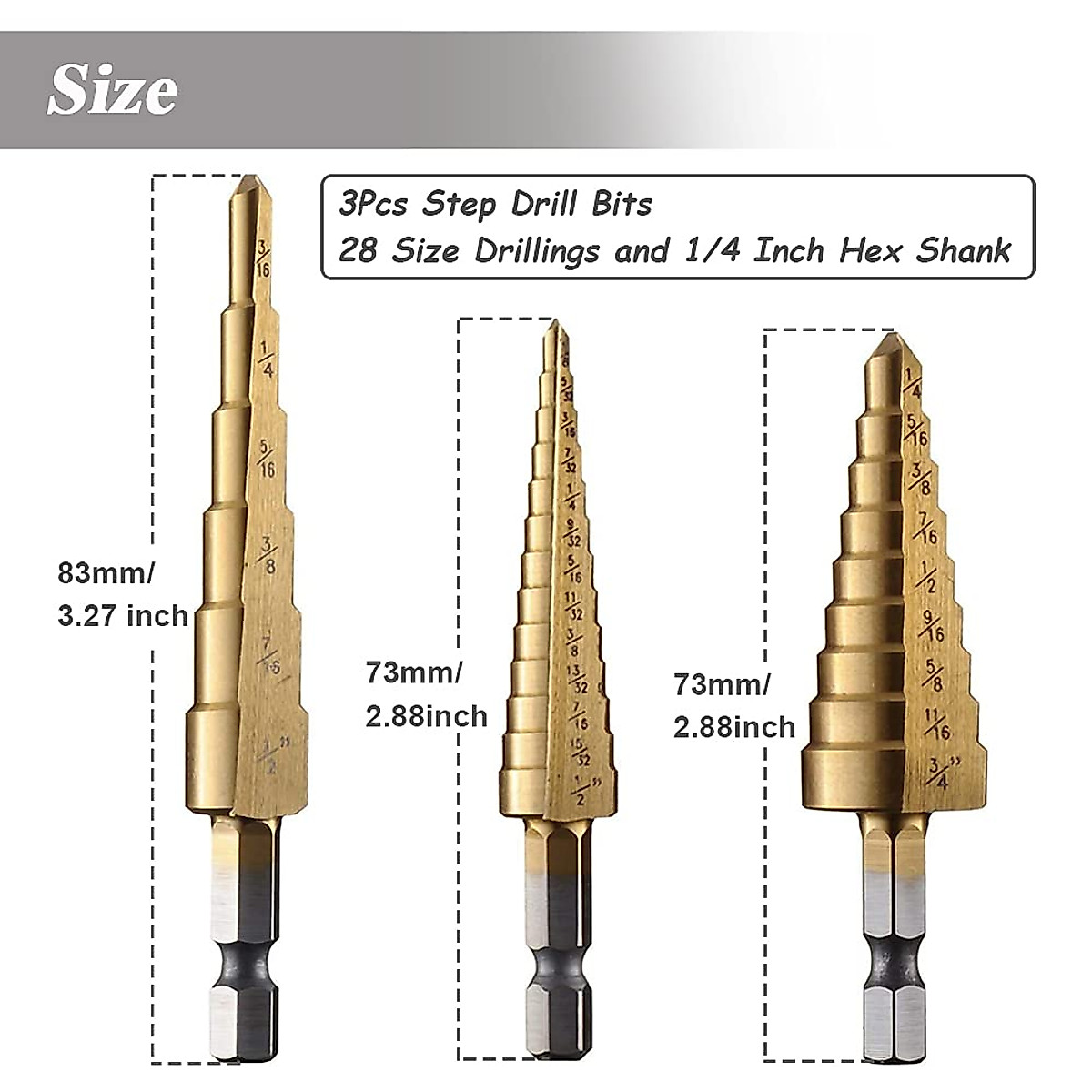 Mesee 3 Pcs Step Drill Bit Set, High-Speed HSS Steel Step Cone Drill Bits 1/4 Inch Hex Shank Step Drill Titanium Coated Hole Drilling Cutter Tool for Wood Plastic Sheet Metal