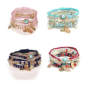 Pingyongchang Evil Eye Bracelets Pack Crystal Bohemian Bracelet Set of 4 Beaded Mexican Bracelets Pack Mixed Hamsa Protection Stretch Bracelets Jewelry for Women Teen Girls -B