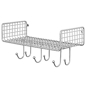 mDesign Metal Wire Farmhouse Wall Decor Storage Organizer Shelf with 6 Hooks for Entryway, Hallway, Mudroom, Bedroom, Bathroom, Laundry Room - Wall Mount - Chrome