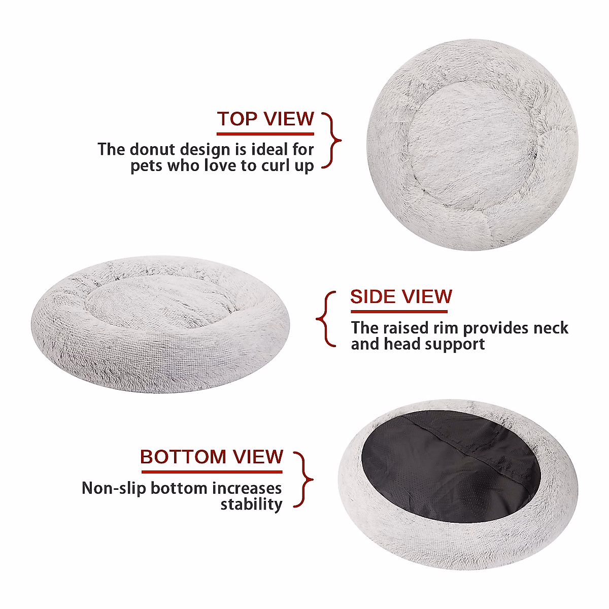 Bedfolks Calming Donut Dog Bed, 36 Inches Round Fluffy Dog Beds for Large Dogs, Anti-Anxiety Plush Dog Bed, Machine Washable Pet Bed (Light Grey, Large)