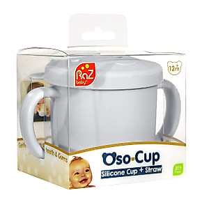 RAZBABY Oso-Cup Silicone Sippy Cup with Straw, 6.5 Oz, 6M+, Easy to Clean Cup w/Safe Straw Length for Toddlers, Trainer Cup for Baby, BPA-Free, Travel Friendly, Dishwasher and Microwave Safe – Grey