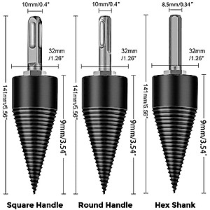 KEWAYO 4pcs Removable Splitting Wood Cone Drill Bit, Wood Splitter Drill Set for Heavy Duty Drill Split Wood Tool and Hand Drill Stick-hex+Square+Round