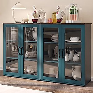 Vrullu Storage Cabinet, Teal Free Standing Buffet Cabinet, Accent Kitchen Cabinet with Tempered Glass Doors, Wood Display Cabinet with Adjustable Shelf for Living Room, Dining Room, Hallway (1, Green)