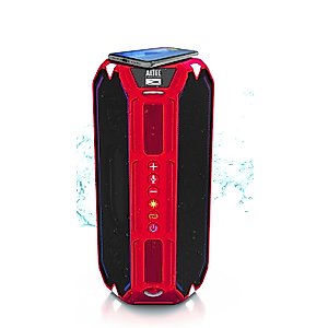 Altec Lansing HydraShock Bluetooth Speaker USB Type-C Rechargeable Portable Speaker Wireless Charger for Phone, Stereo Speaker w/LED Lights for Pool Beach Hiking Camping, 20 Hour Playtime (Red)