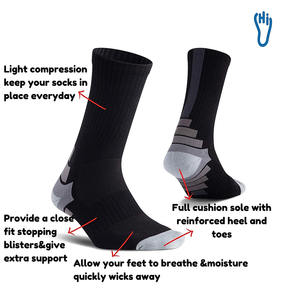 Hicomlor Athletic-Crew-Socks for Men, Cushioned Socks with Moisture Wicking and Arch Support for Running-Hiking, Work Boots