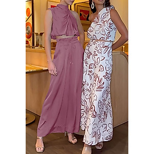 PRETTYGARDEN Women's 2 Piece Outfits 2025 Summer Casual Sleeveless Mock Neck Crop Tops Wide Leg Pants Set (Pink,X-Large)