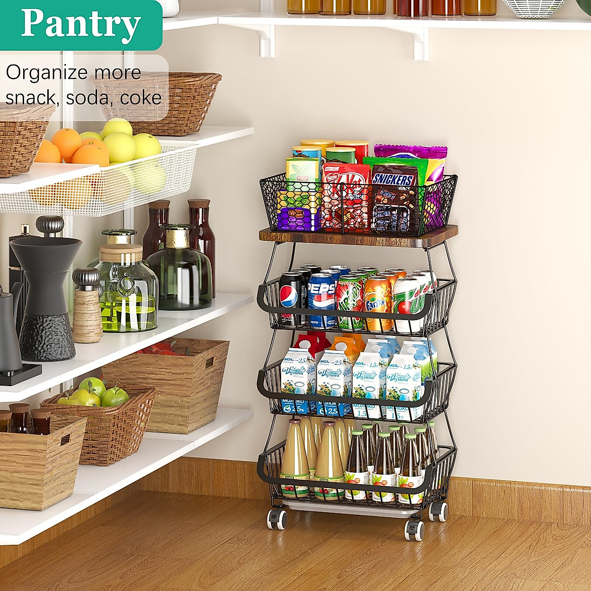 CHLORYARD Fruit Basket with Wooden Lid for Kitchen, 4-Tier Stackable Wire Fruit Vegetable Storage Basket Organizer Stand on Wheel, Produce Basket Potato Onion Storage Bins Rack Cart for Pantry