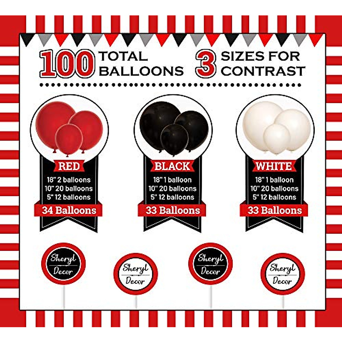 100 Red Black and White Balloons - Small & Large Red and Black Balloons Party Decorations Supplies Pack for Deadpool Birthday, Lumberjack Baby Shower, Graduation, Pirate, Ladybug, Race Car, Poker…
