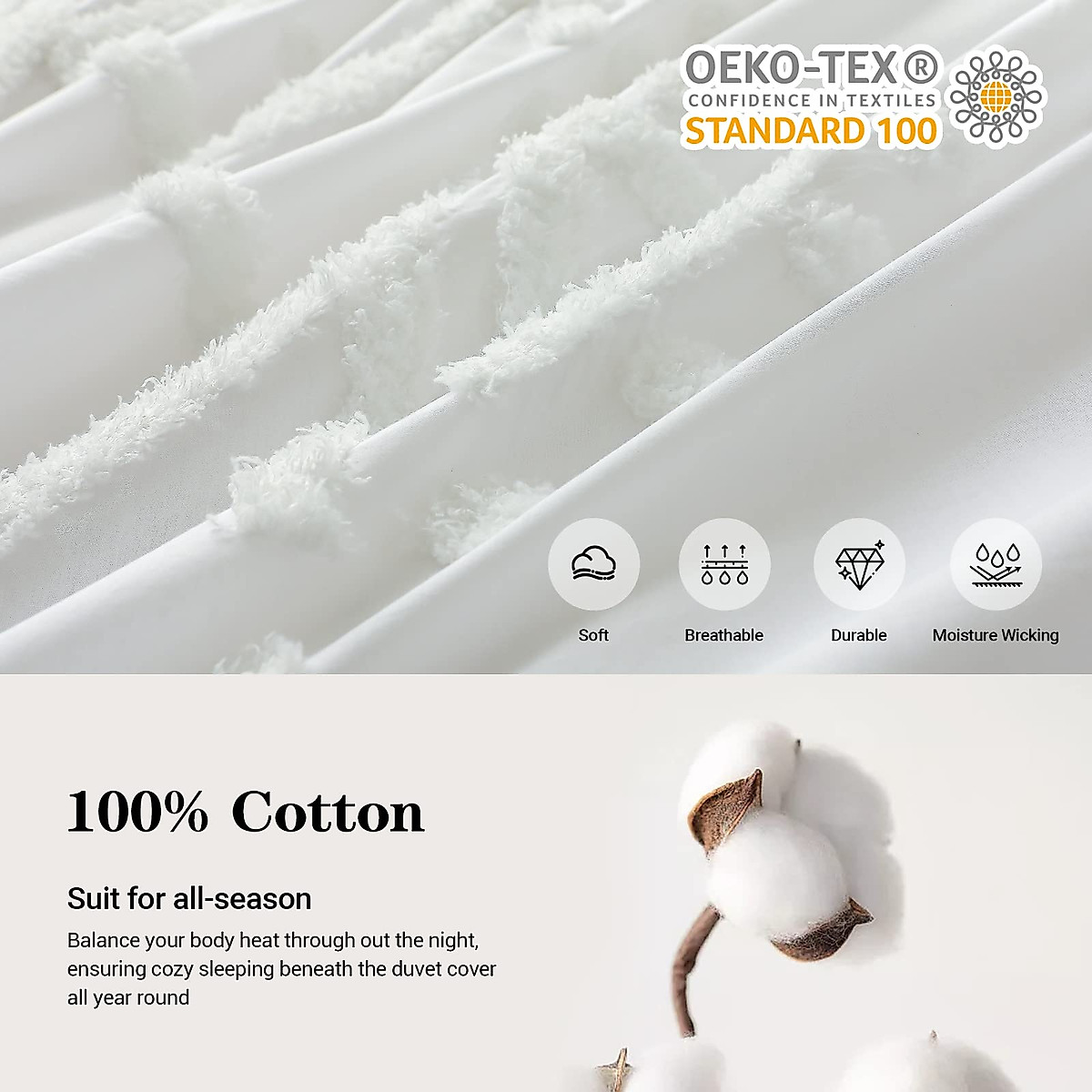 Simple&Opulence 100% Cotton Boho Tufted Duvet Cover Set, 3Pcs Textured Embroidery Comforter Cover Set -1 Duvet Cover&2 Pillowcases, Jacquard Shabby Chic Farmhouse Bedding for All Season(White, Queen)