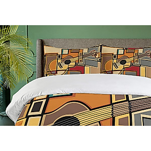 Ambesonne Music Duvet Cover Set, Funky Fractal Geometric Square Shaped Background Acoustic Guitar Art, Decorative 3 Piece Bedding Set with 2 Pillow Shams, King Size, Pale Yellow