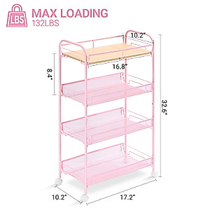 KINGRACK 4-Tier Metal Rolling Utility Cart, Pink, Flexible, Sturdy, Easy Assembly, Anti-Rust, Waterproof, Scratch-Resistant, Breathable Mesh Basket, Ideal for Home Storage