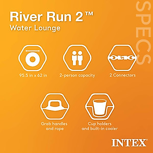 Intex 58837EP River Run 2 Inflatable Floating Lounge: Comfortable Backrests – Built-in Cup Holders – Cooler with Lid – 2 Person – 440lb Weight Capacity