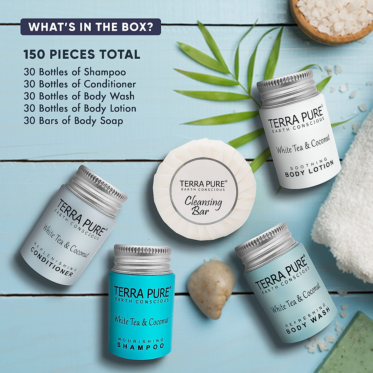 Terra Pure White Tea & Coconut Toiletries Set | 1-Shoppe Amenities Kit | 1oz Shampoo & Conditioner, Body Wash, Lotion, 1.25oz Bar Soap | Travel Size | 150 Pieces