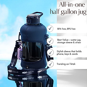 H2O Capsule 2.2L Half Gallon Water Bottle with Storage Sleeve and Removable Straw – BPA Free Large Reusable Drink Container with Handle - Big Sports Jug, 2.2 Liter (74 Ounce), Navy Blue