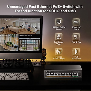 MokerLink 11 Port PoE Switch with 9 Port PoE+, 2 Fast Ethernet UpLink, 10/100Mbps, 120W 802.3af/at PoE, Fanless Plug & Play Network Switch