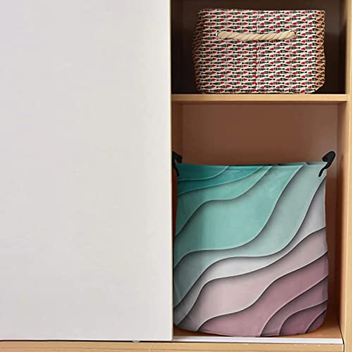 Laundry Basket Turquoise Pink Gradient Beach,Waterproof Collapsible Clothes Hamper Modern Abstract Geometric Art,Large Storage Bag for Bedroom Bathroom 16.5x17In