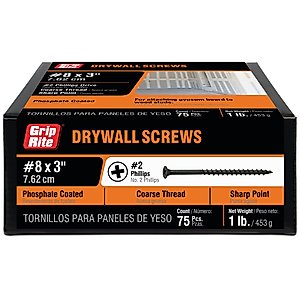 Grip-Rite 3CDWS1 #8 X 3" Phillips Bugle Head Coarse Thread Sharp Point Drywall Screw, 1lb Box