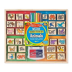 Melissa & Doug Deluxe Wooden Stamp Set: Animals - 30 Stamps, 6 Markers, 2 Stamp Pads - Kids Art Projects, With Washable Ink, Wooden Animal Stamps For Ages 4+