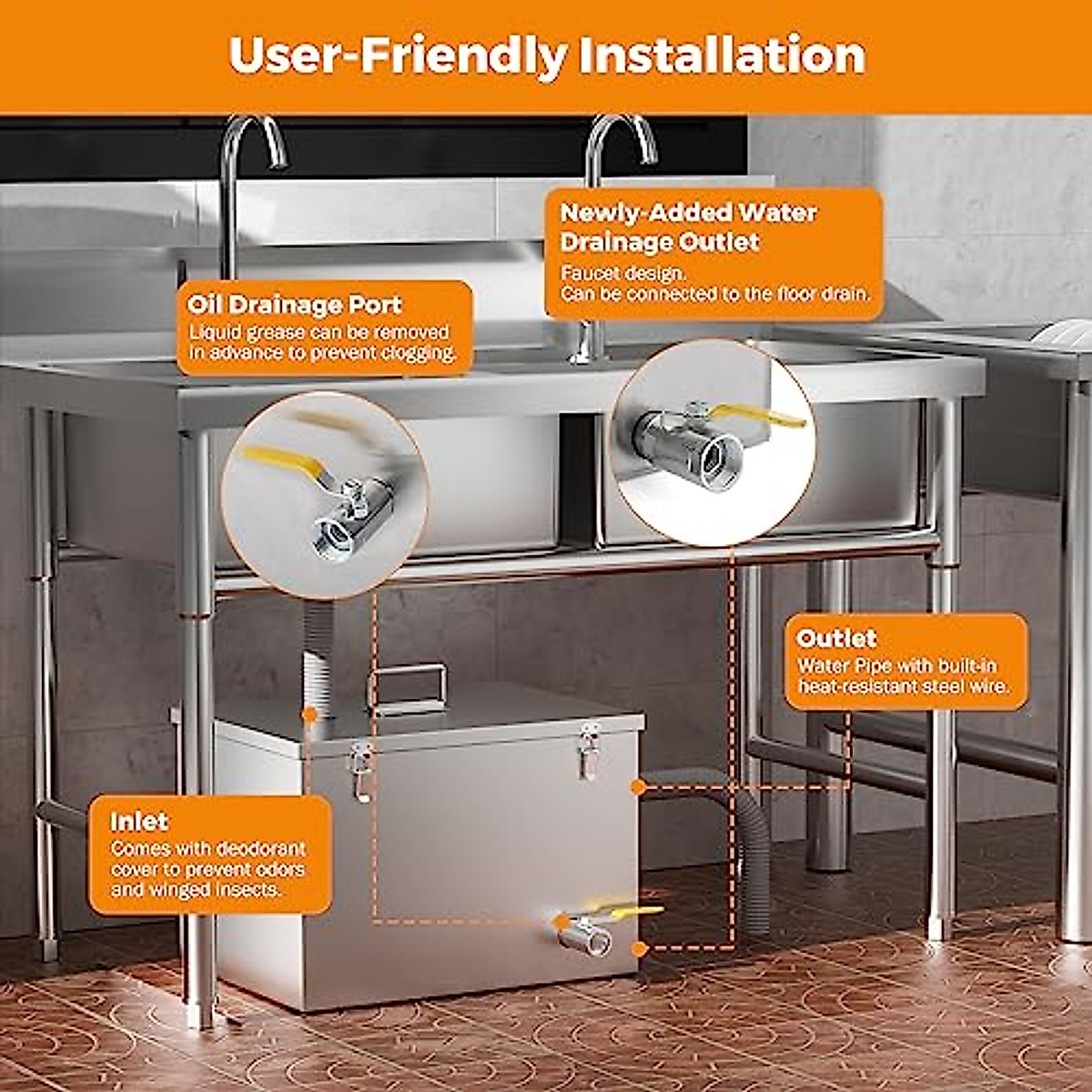 BEAMNOVA Commercial Grease Trap 8lbs Stainless Steel Interceptor Top Inlet for Restaurant Home Kitchen Tools, 13.98" x 10" x 9.25"(L*W*H)